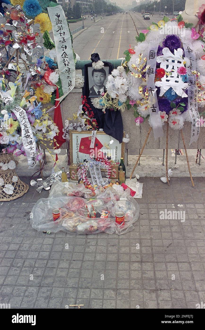 Flowers decorate an overpass in Beijing, June 19, 1989, in a memorial ...