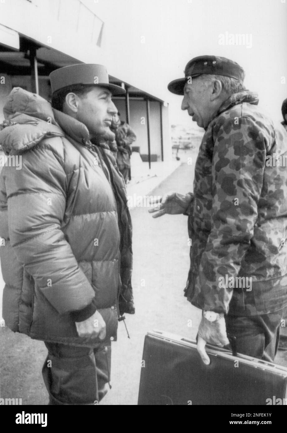 Falkland Islands governor Gen. Mario Menendez, left, talks with ...
