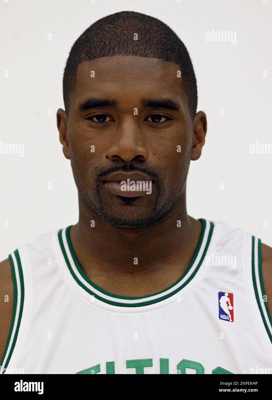 Leon Powe poses for a photo during the Boston Celtics media day in ...