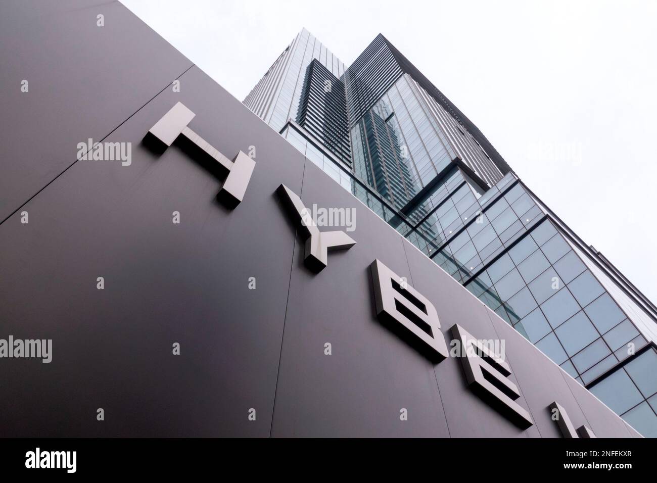 HYBE, Feb 17, 2023 : The main office building of HYBE in Seoul, South Korea. Hybe, the ...