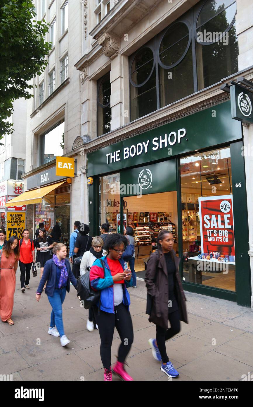 LONDON, UK - JULY 6, 2016: People walk by Body Shop, Oxford Street in ...