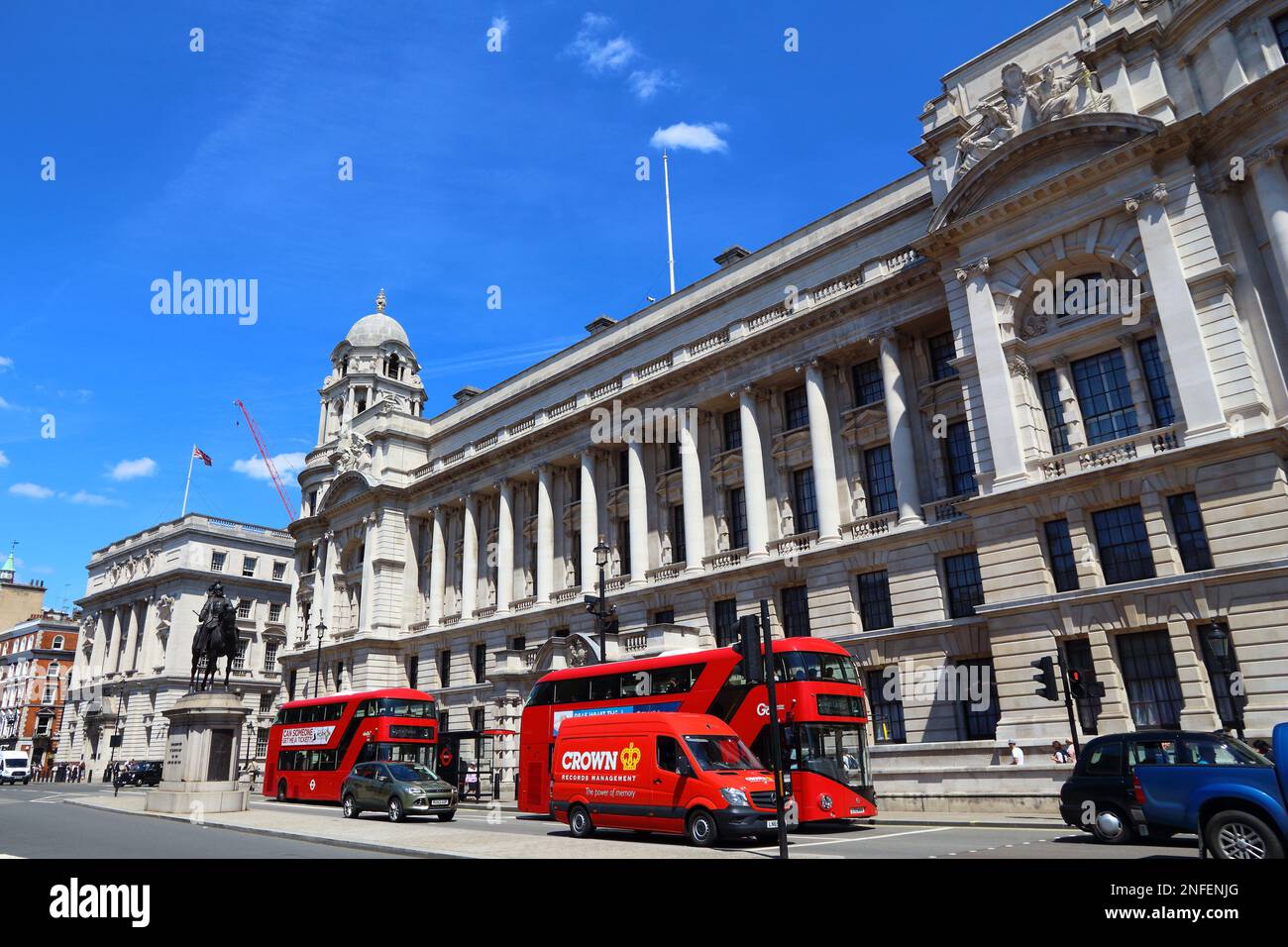 LONDON, UK - JULY 6, 2016: People ride New Routemaster bus in Whitehall ...
