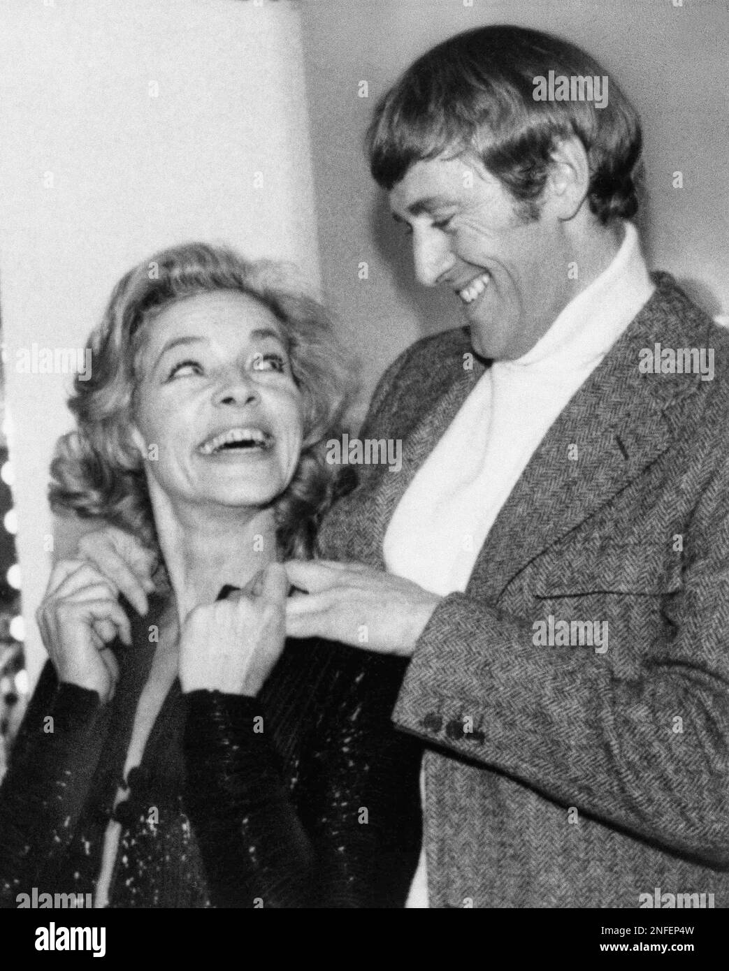 Actor Lauren Bacall poses with her leading man Len Cariou backstage ...