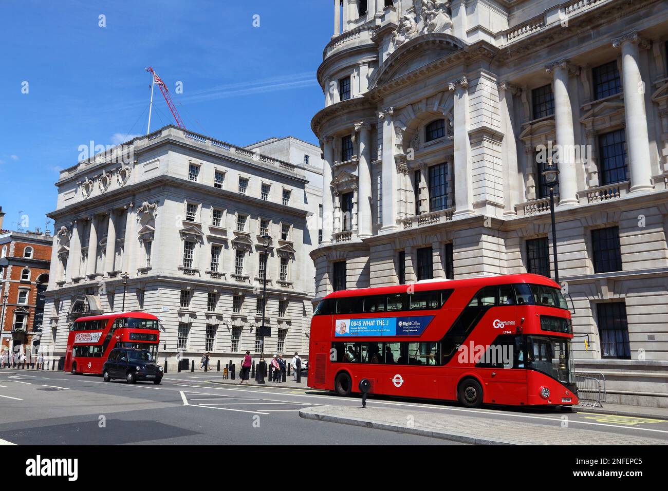 LONDON, UK - JULY 6, 2016: People ride New Routemaster bus in Whitehall ...