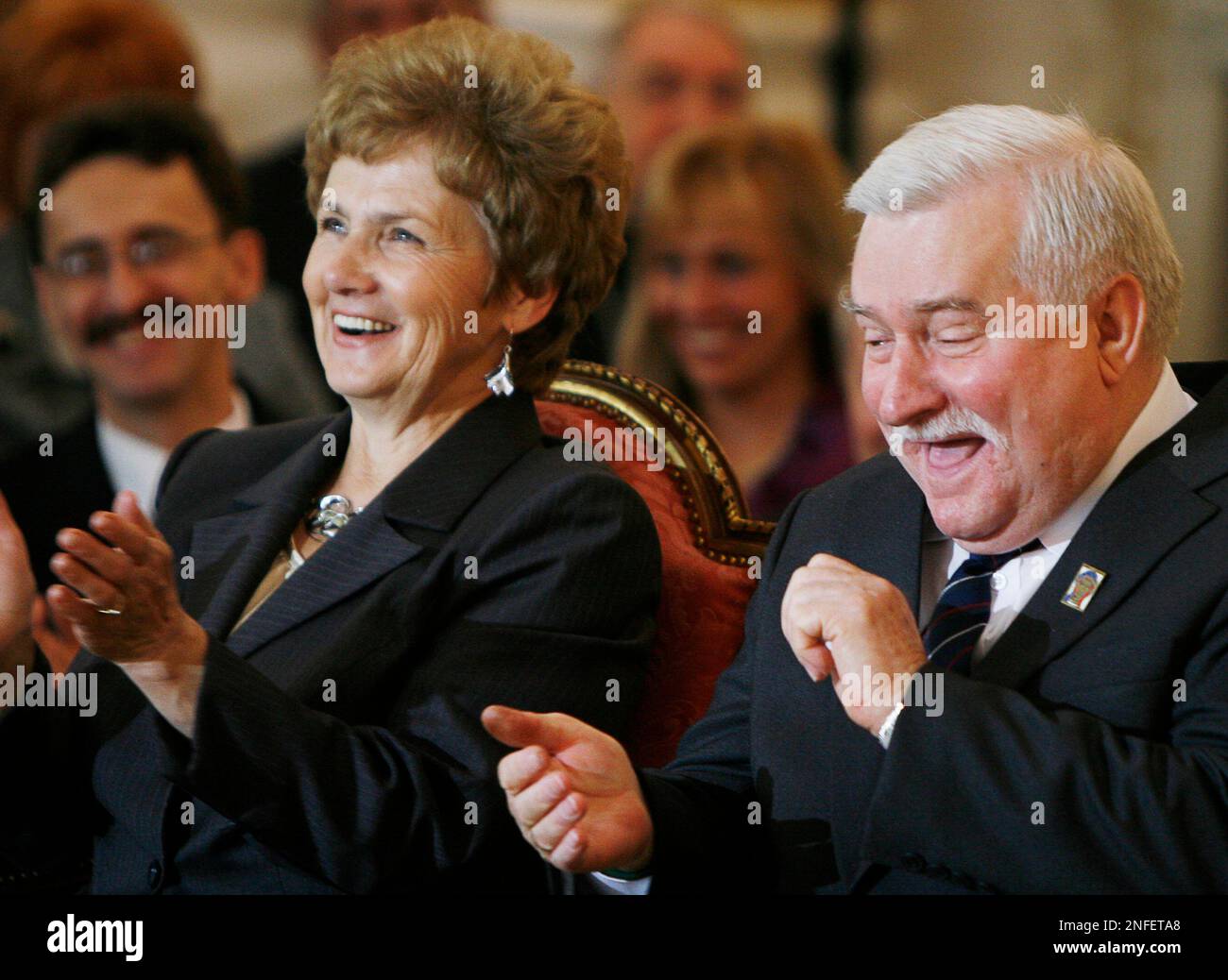 Former Polish president and Solidarity founder Lech Walesa, right, and ...