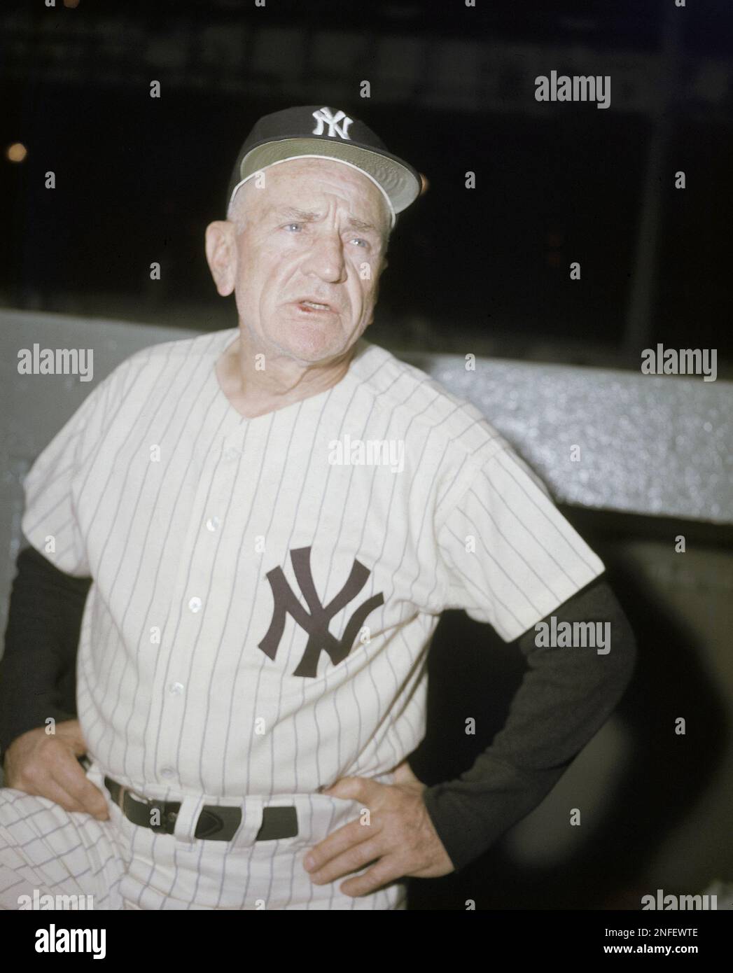 New York Yankees manager Casey Stengel poses in the dugout, Sept. 5 ...