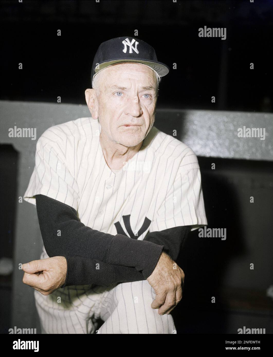 New York Yankees manager Casey Stengel poses in the dugout, Sept. 5 ...