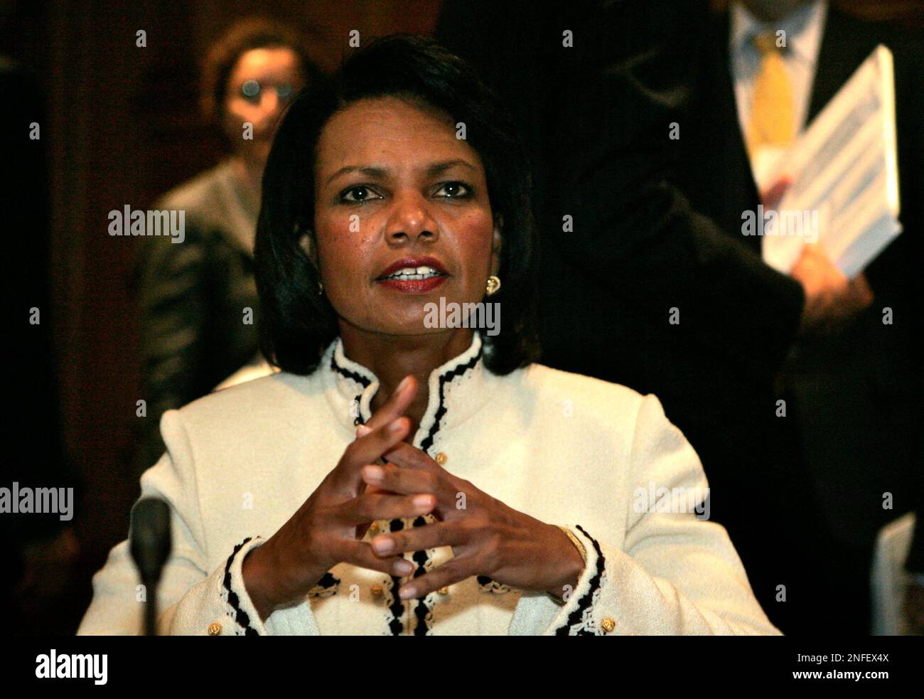 Condoleezza Rice looks on before a meeting at UN headquarters, Friday ...