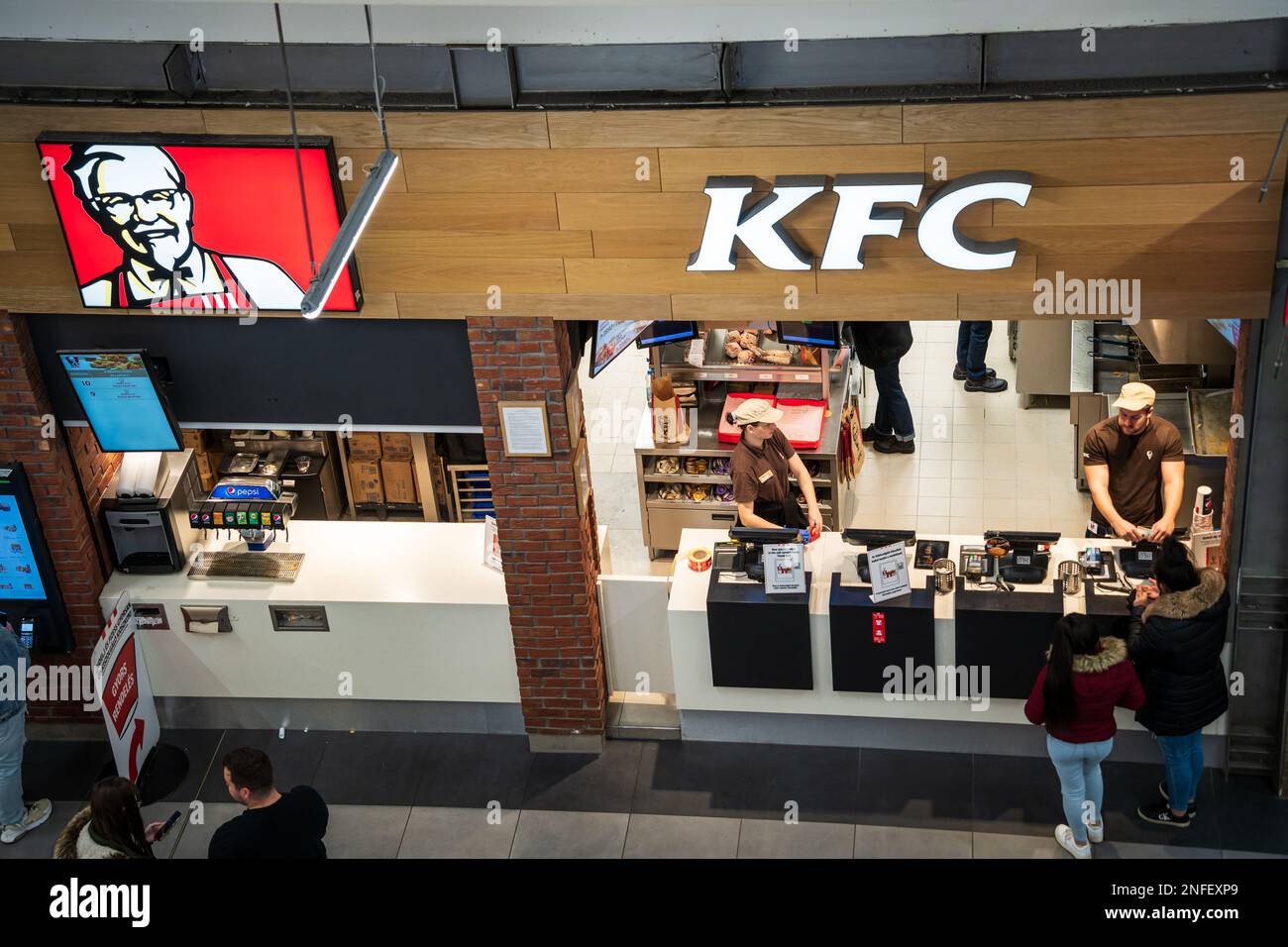 KFC fast food restaurant chain in shopping center. KFC checkout with ...