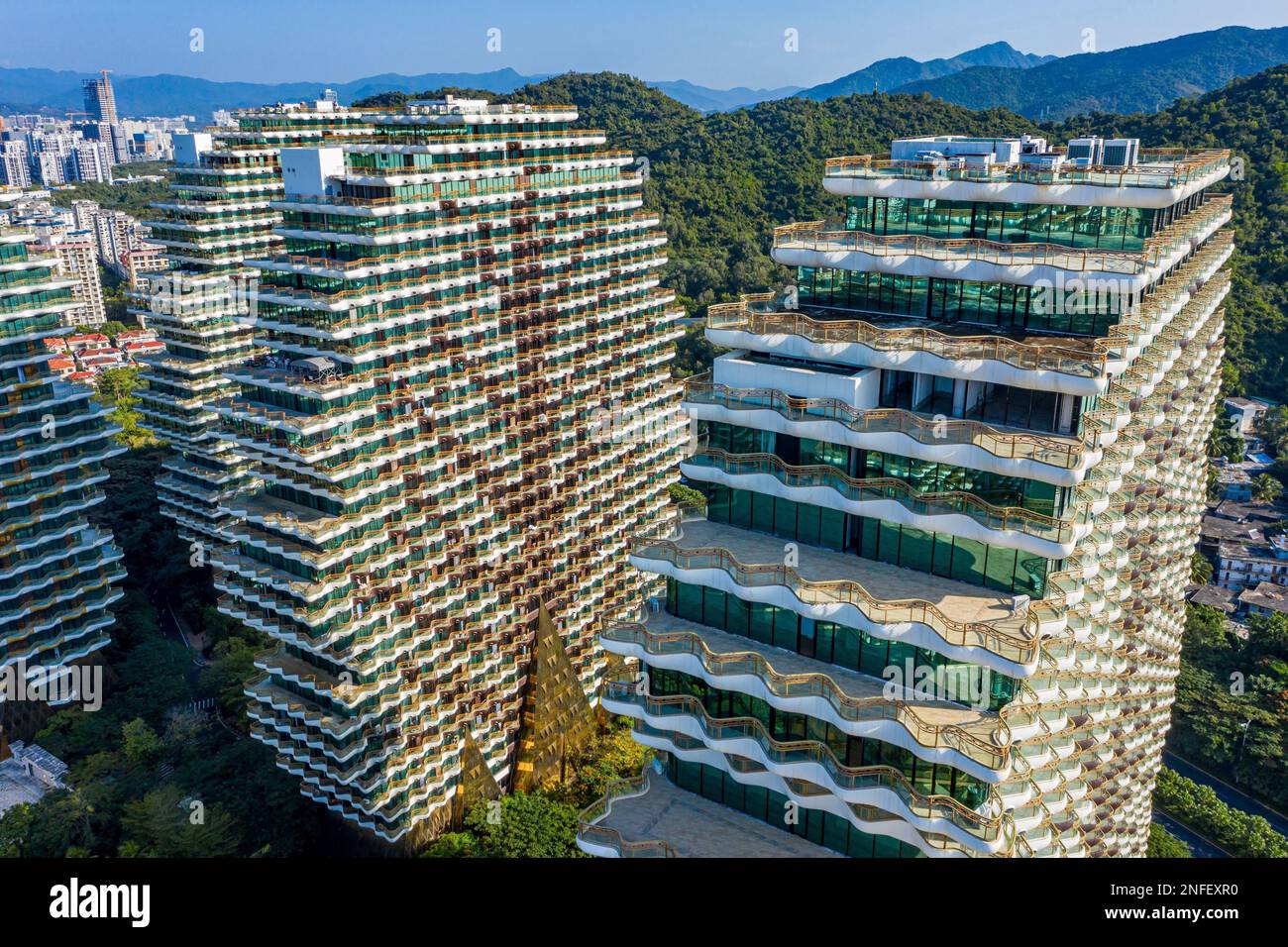 A view of tree-shaped hotel buildings in Sanya city in south China's ...