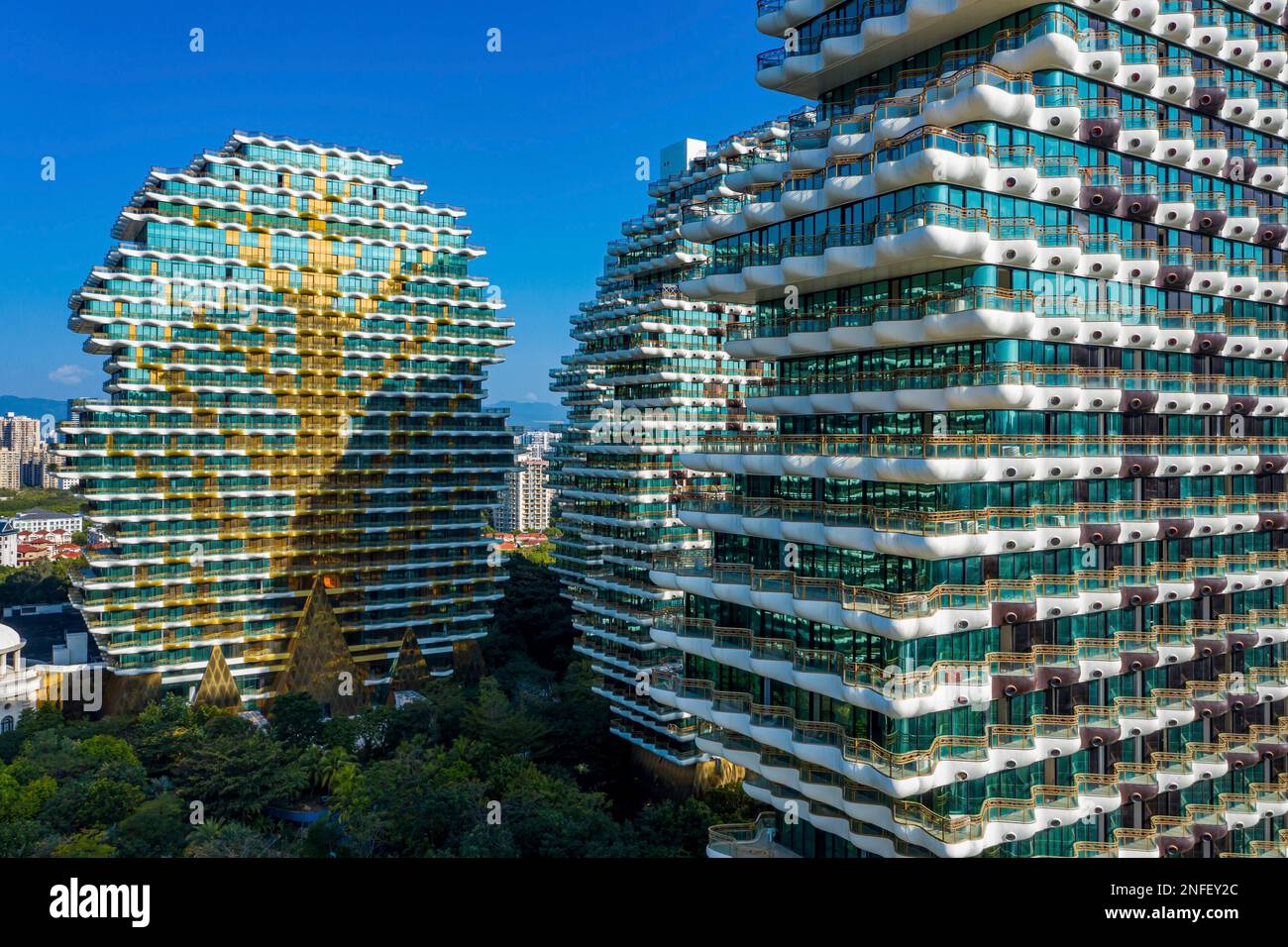 A view of tree-shaped hotel buildings in Sanya city in south China's ...