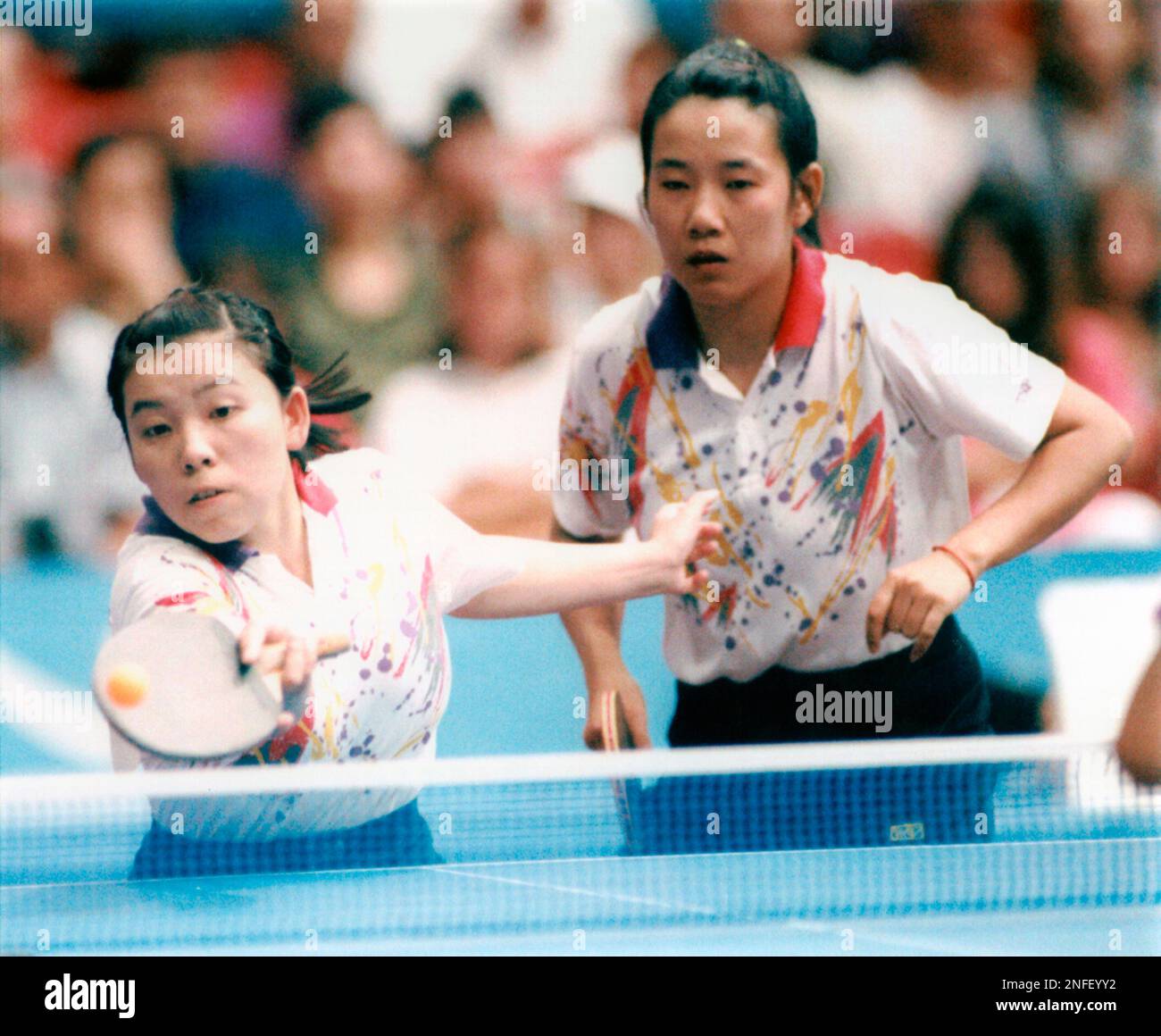 China's table tennis doubles Deng Yaping, left, and Qiao Hong compete ...