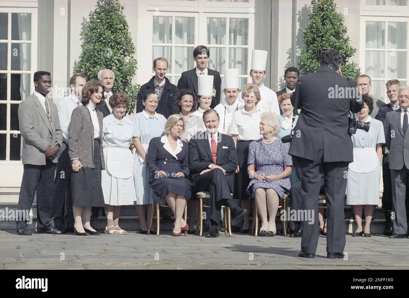 President George H.W. Bush, front center, and First Lady Barbara Bush ...