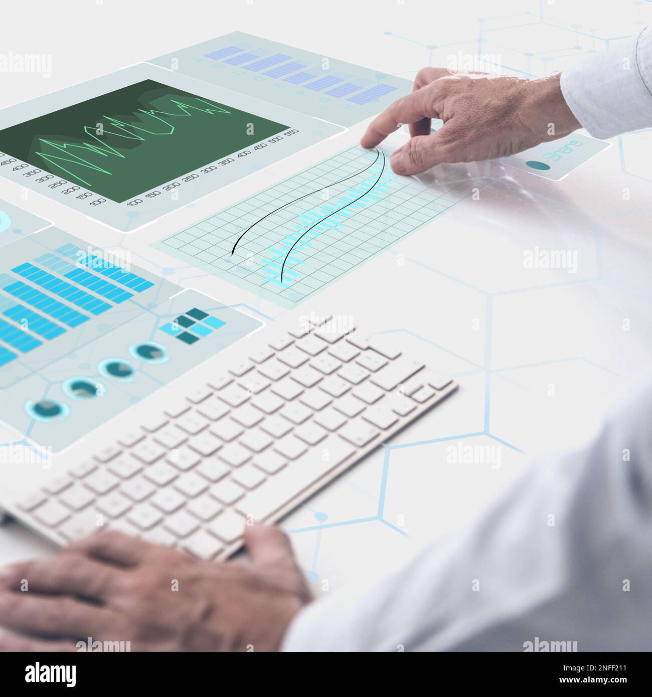 Graphs, charts on virtual desktop screen. Businessman works statistical ...