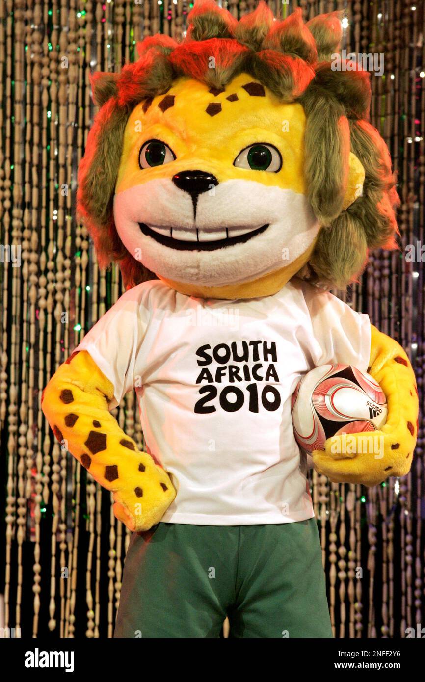 Zakumi, the official mascot of the 2010 FIFA World Cup, plays with a ...