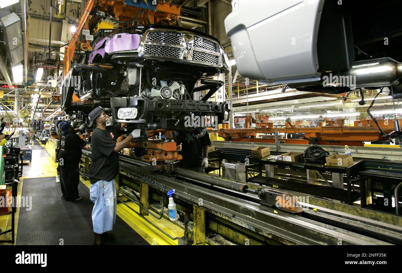 Assemblymen join the chassis to the cab on Chrysler's new 2009 Dodge ...