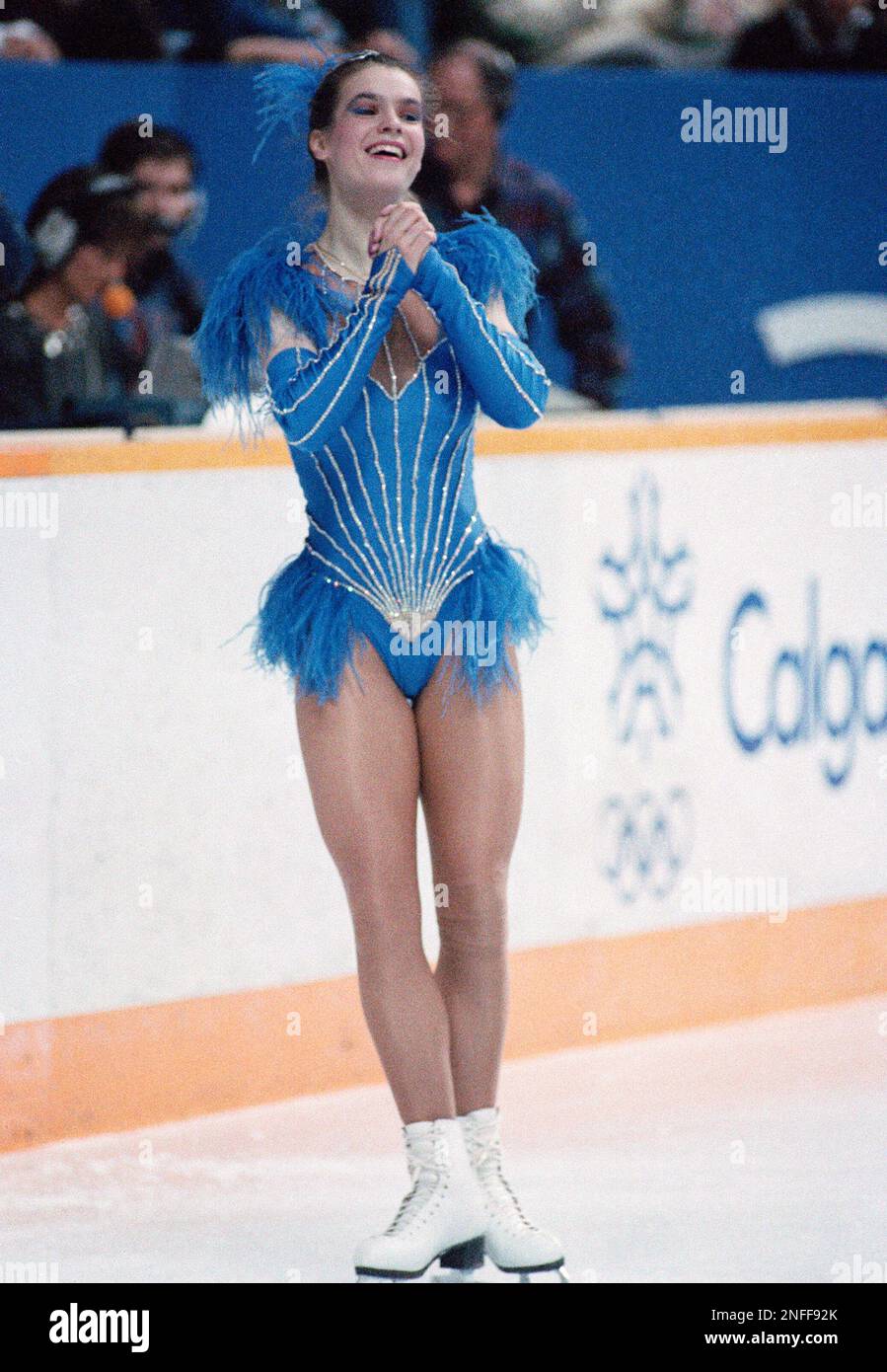 Katarina Witt of East Germany holds her hands as she finishes her short ...