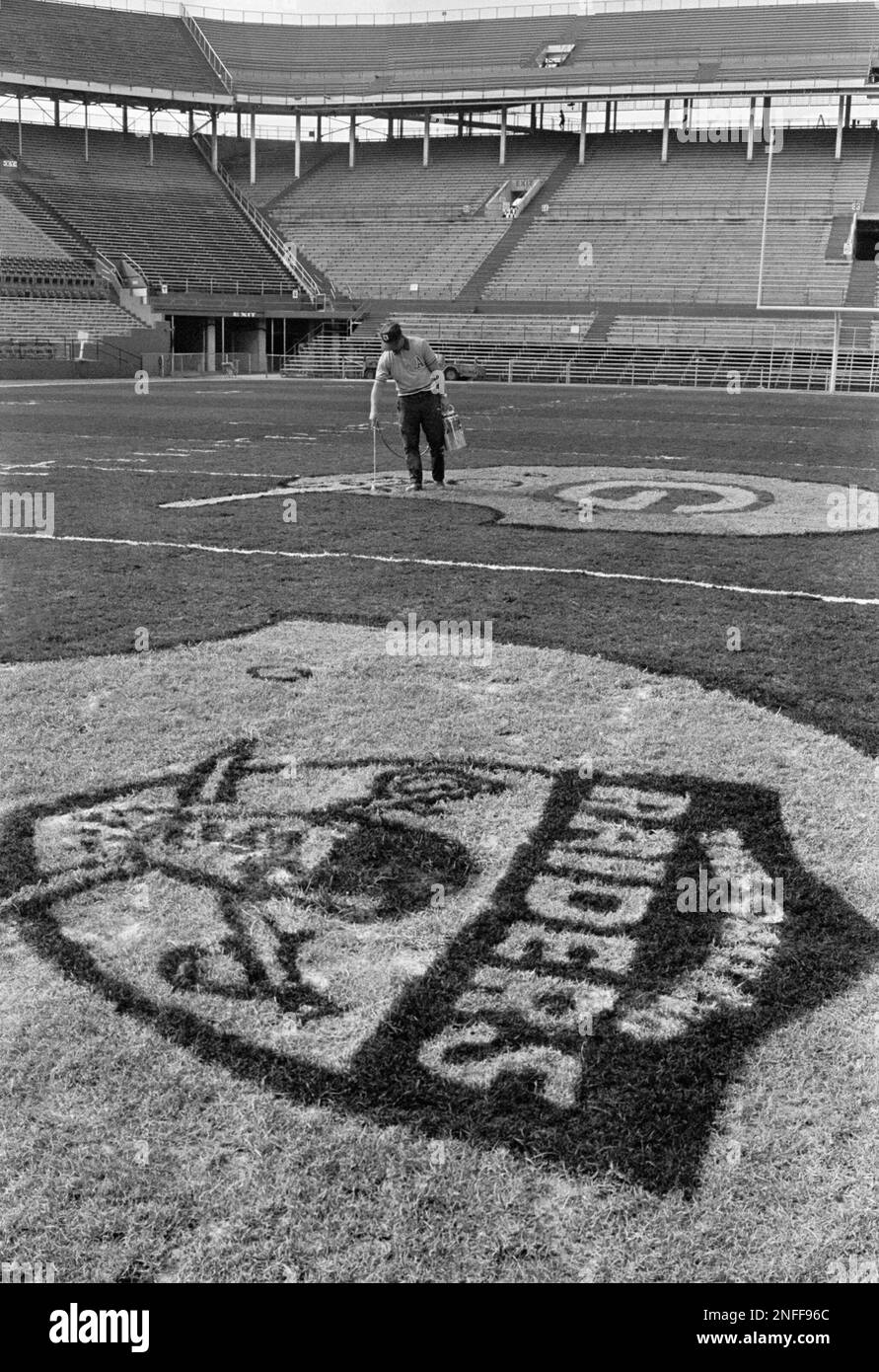 A workman puts the finishing touches on two large painted football ...
