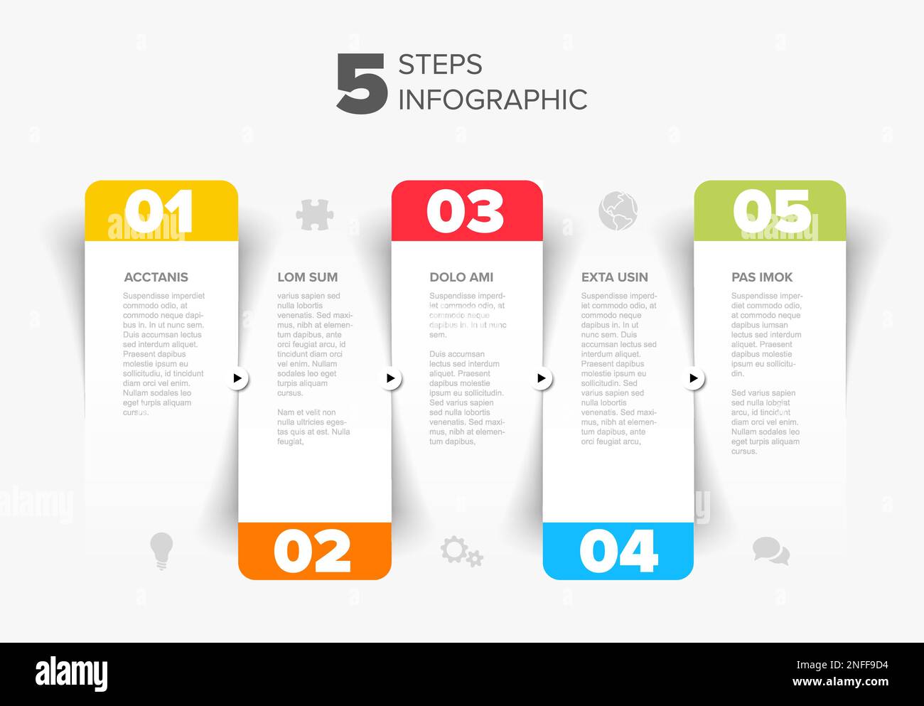Five white vector progress block steps template with color border, descriptions, big numbers ...
