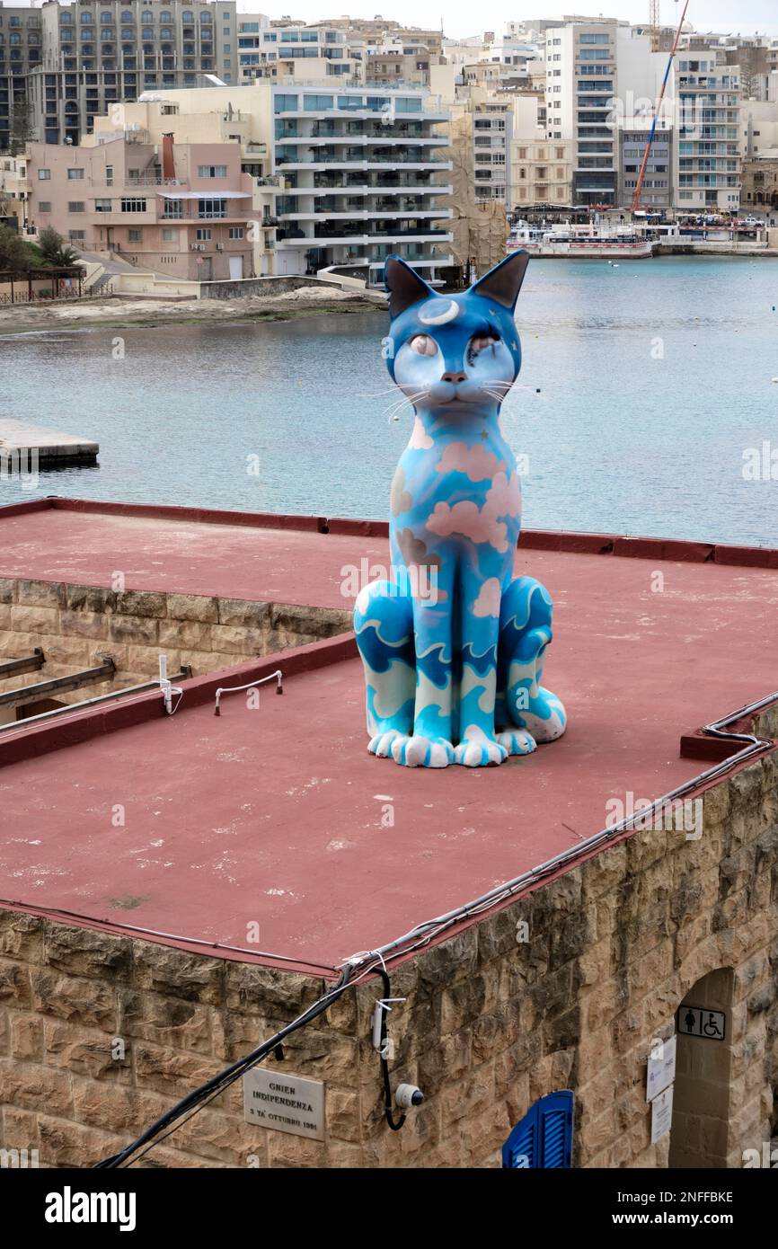 2022 NOVEMBER - Malta - Sculptures of a colorful cat in the St. Julian ...