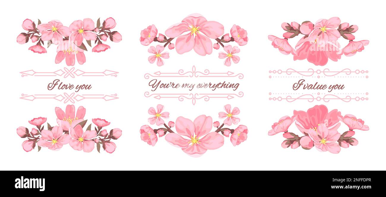 Cherry blossom flower bouquet romantic flat set. Love lettering vintage ...