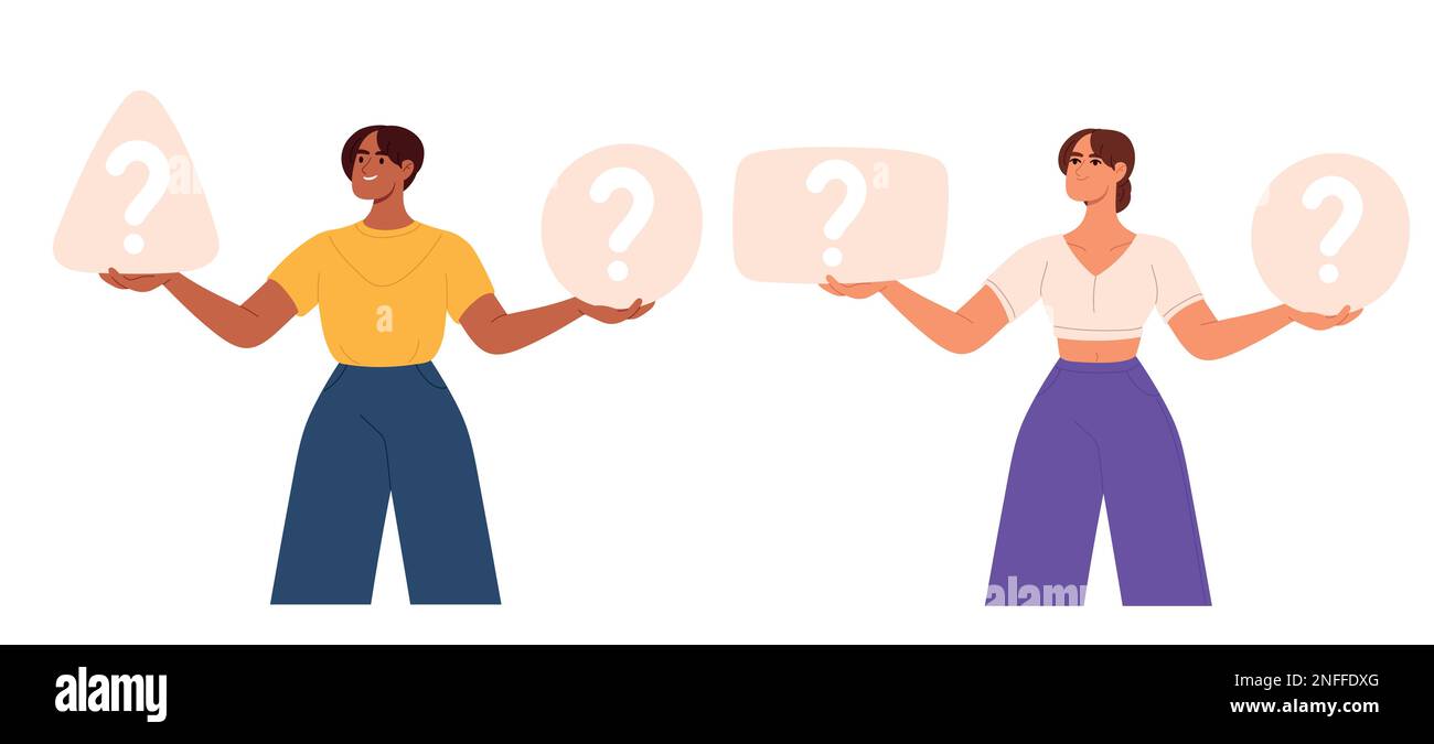 Person making choice concept. People with dilemma choices reply. Man and woman doubt, find two ...