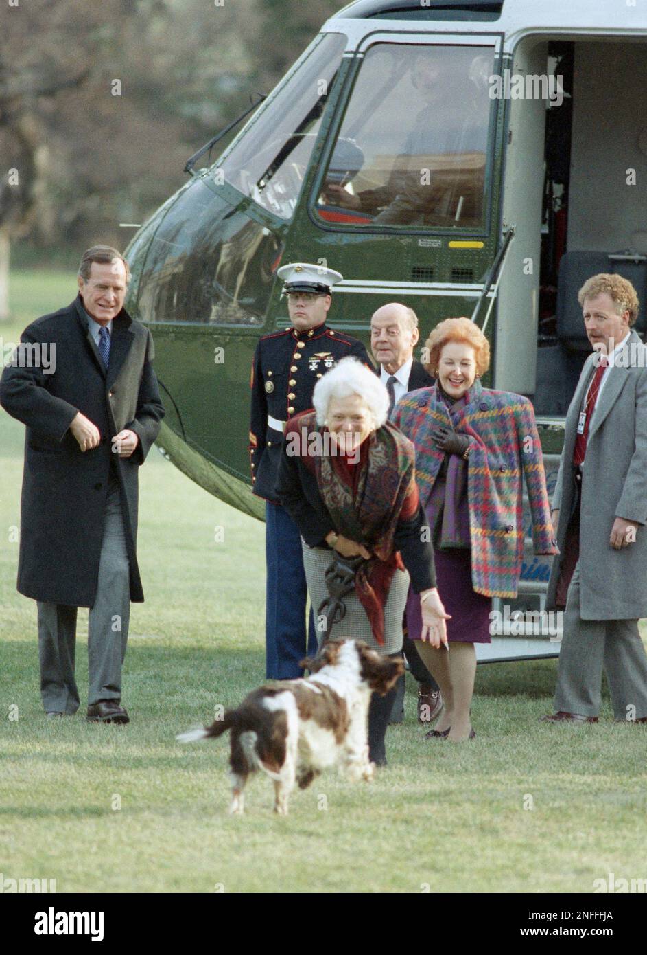 Millie, the Bush's pet, runs to first lady Barbara Bush as she arrives ...