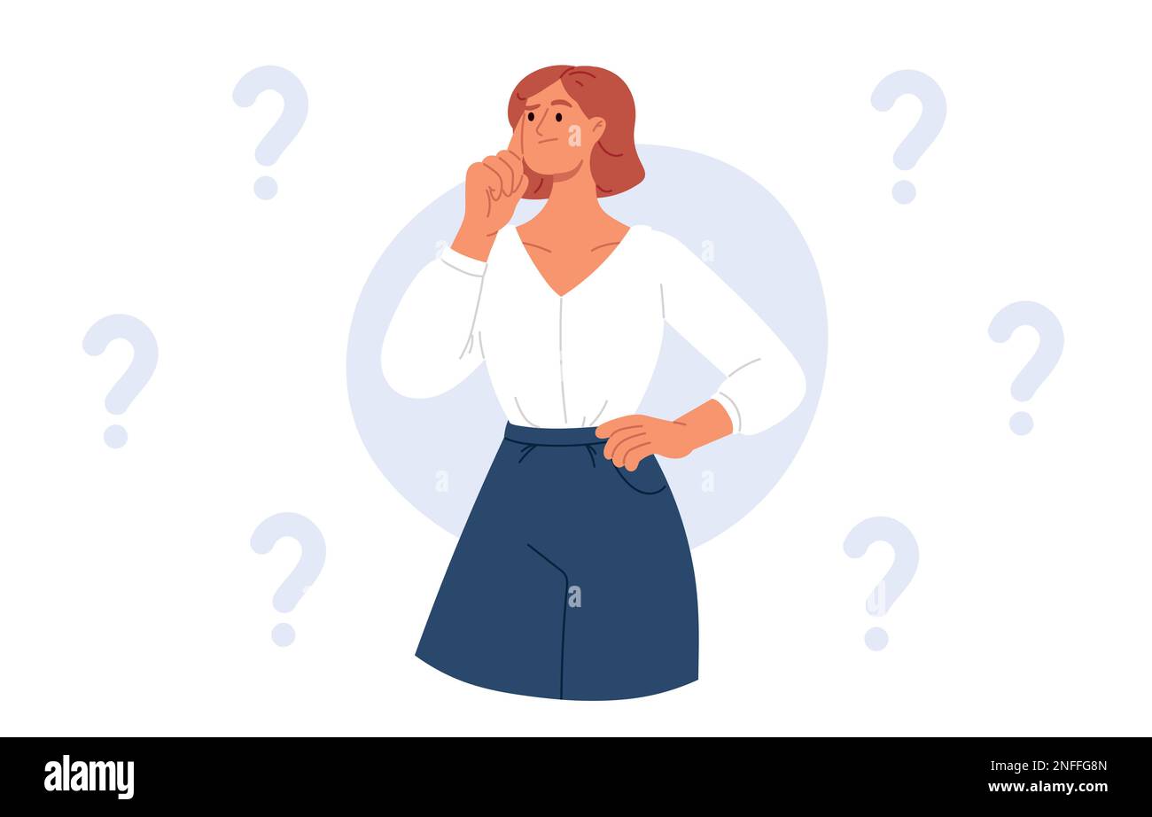 Woman thinking over question. Girl problems, person doubt, asking. Flat ...