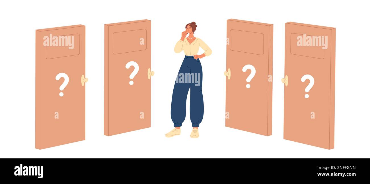 Woman make difficult choice. Success or failure concept. choose door ...