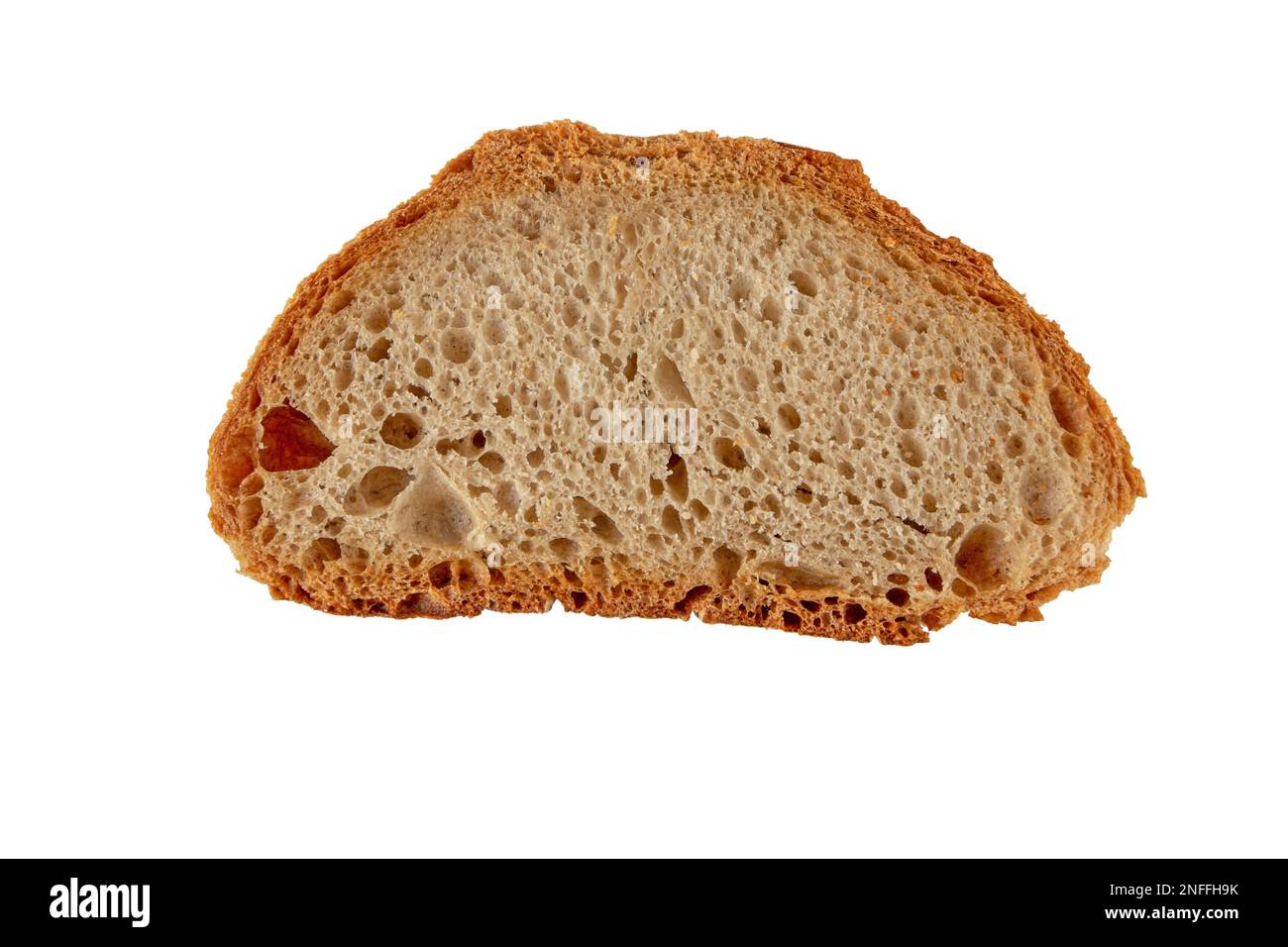Slice of rye and wheat sourdough bread top view isolated on white. Porous bread pulp and crispy ...