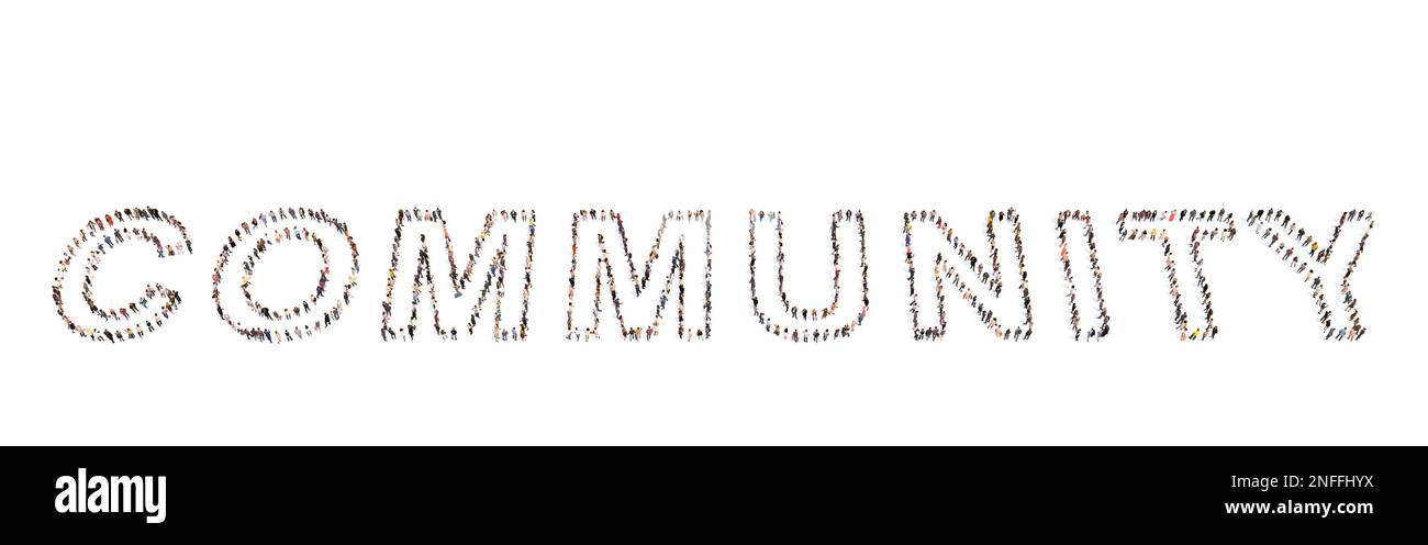 Concept conceptual large community of people forming COMMUNITY word. 3d ...