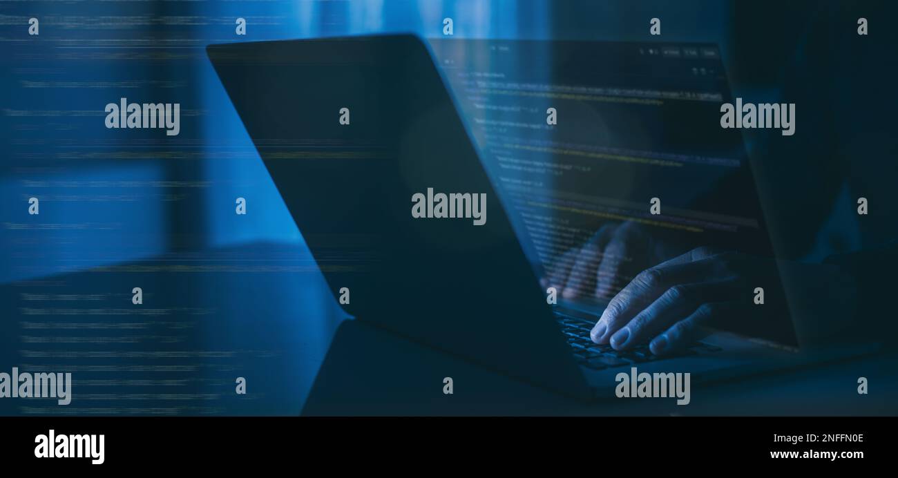 Hands typing on keyboard. Programming online database. Data processing center concept Stock ...