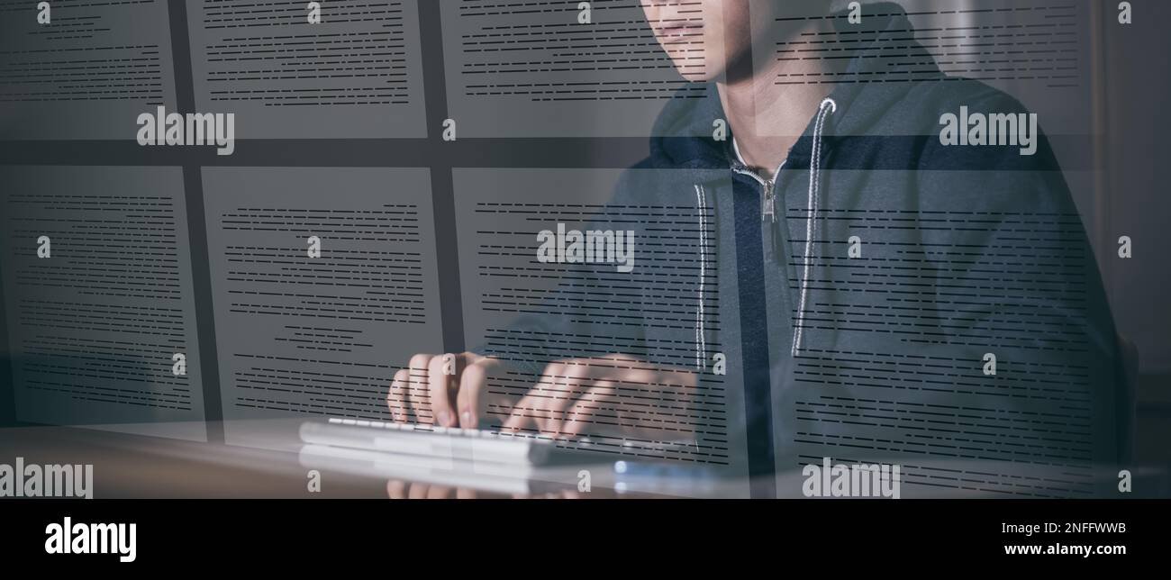 Student working on virtual screen with digital documents. Teenager ...