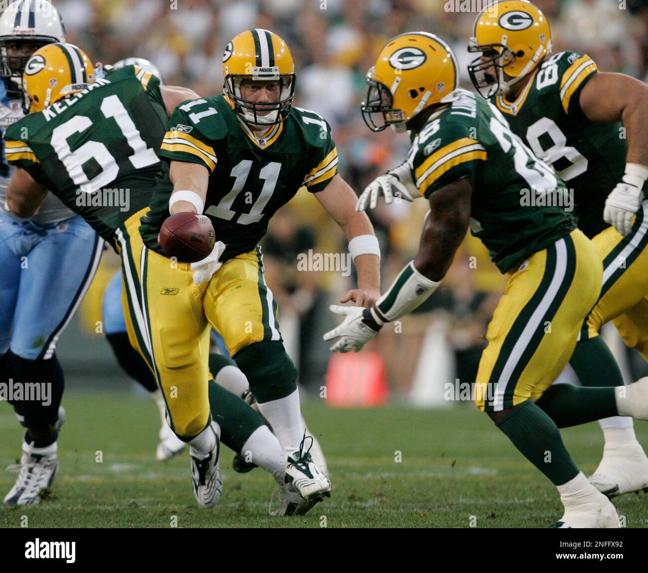 Green Bay Packers quarterback Brian Brohm (11) hands off during the ...