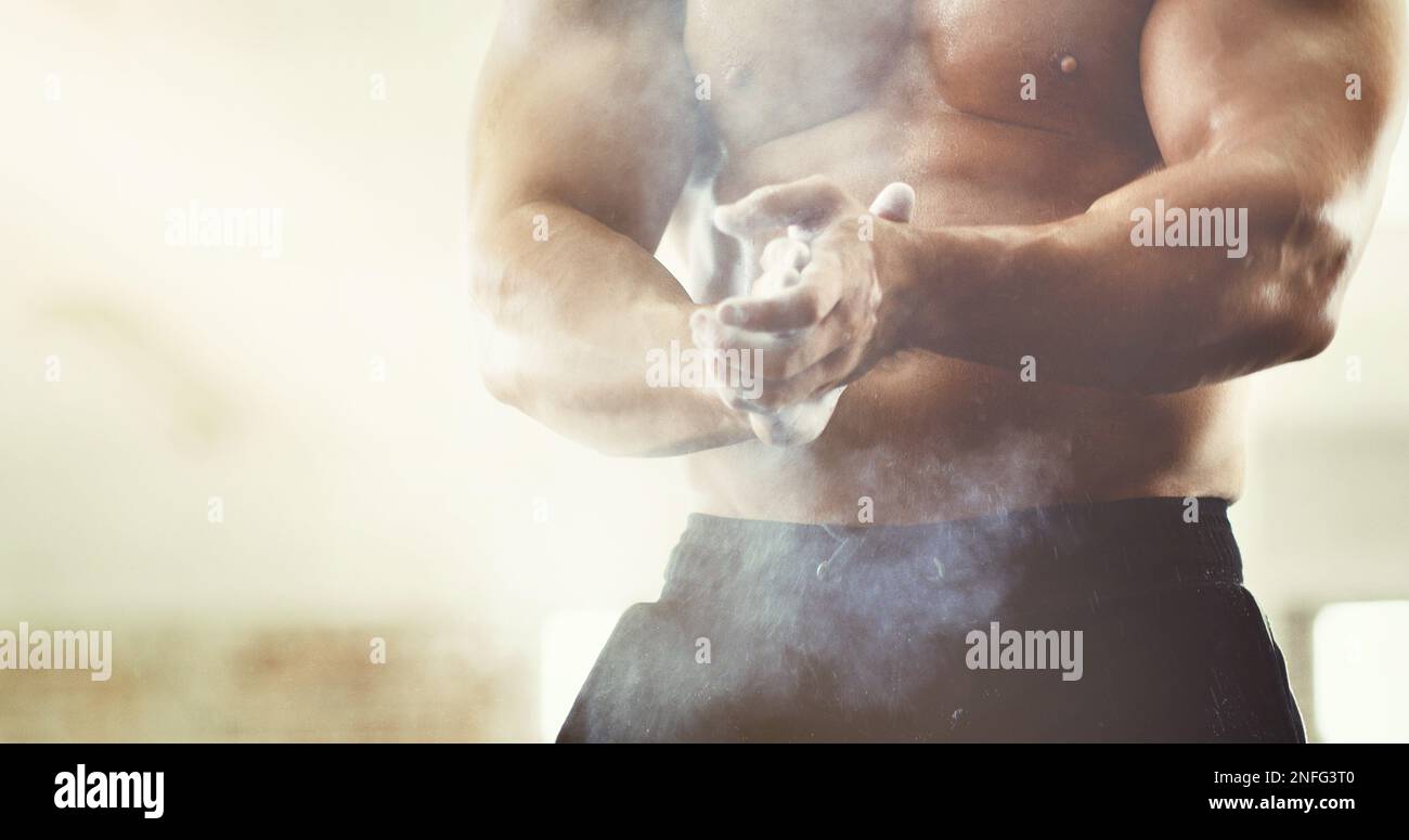 Hands, sports and powder dust in gym for grip, workout and exercise for ...