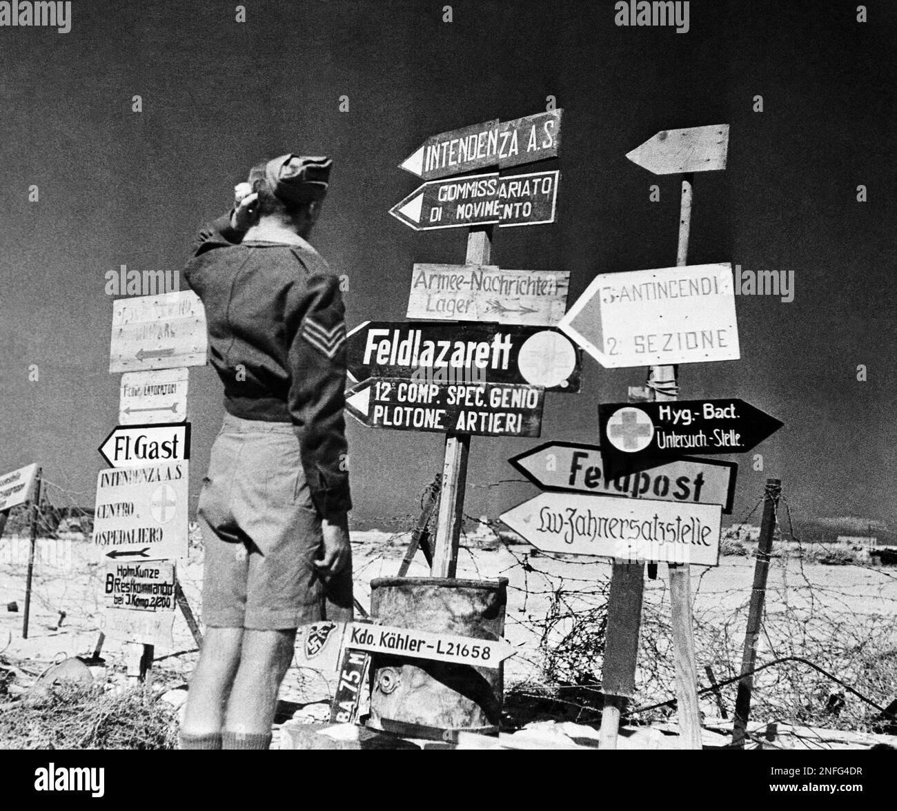 A British Soldier, following up the tanks, is somewhat perplexed by the ...