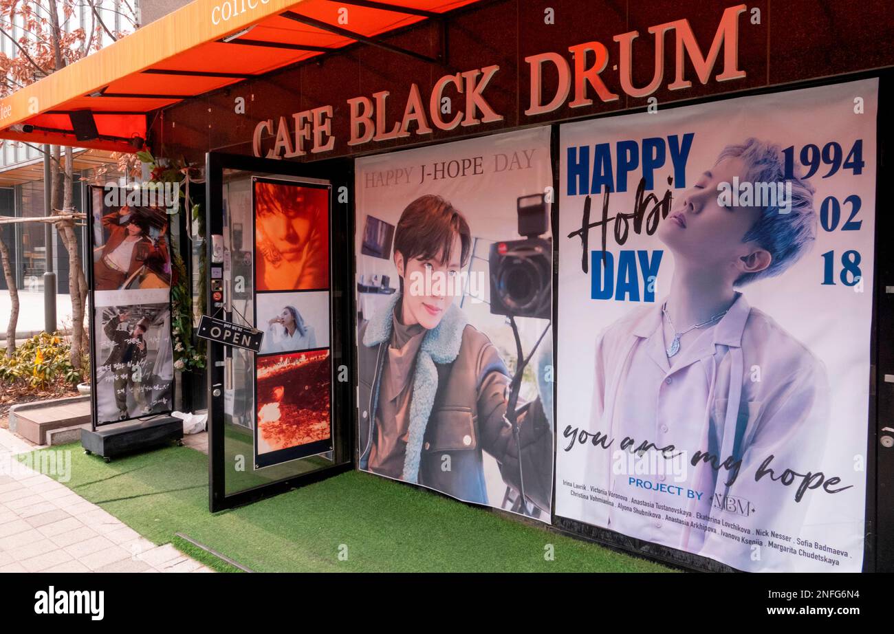 Seoul, South Korea. Feb 17, 2023. A cafe decorated to celebrate BTS ...
