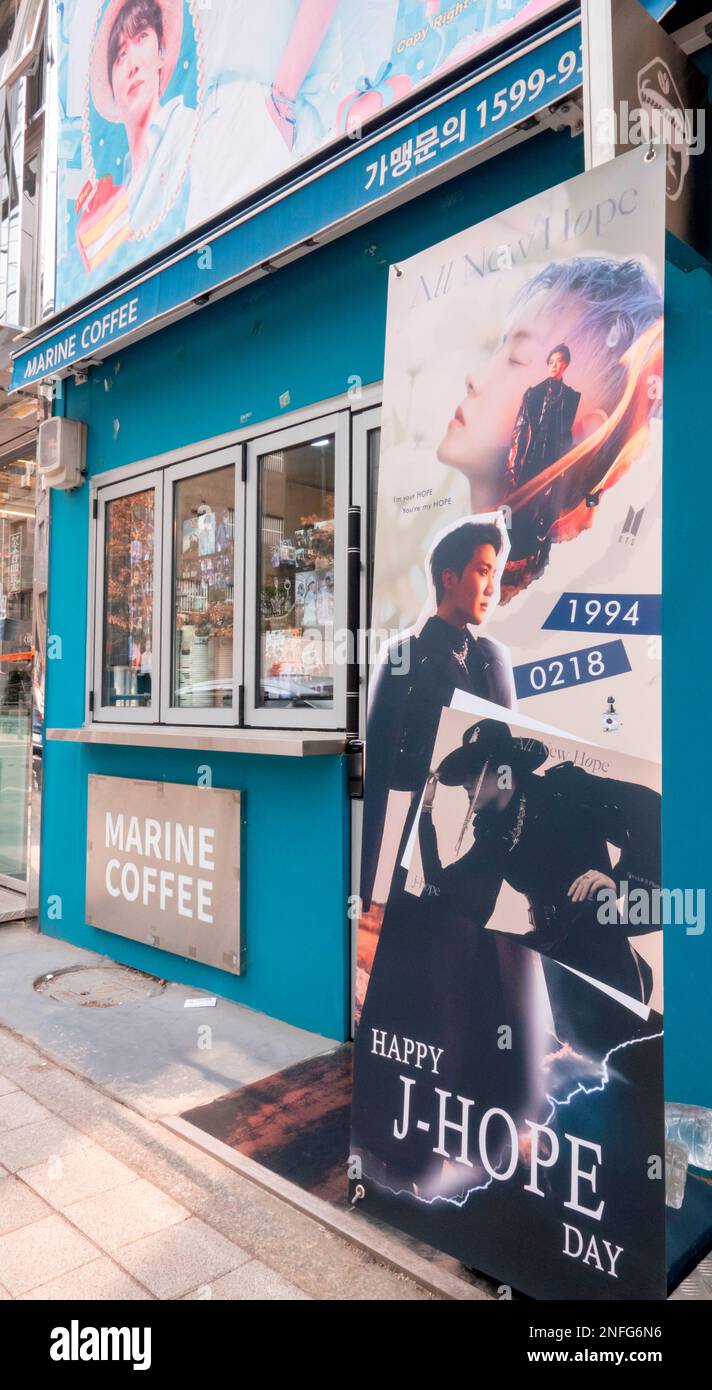 Seoul, South Korea. Feb 17, 2023. A cafe decorated to celebrate BTS ...