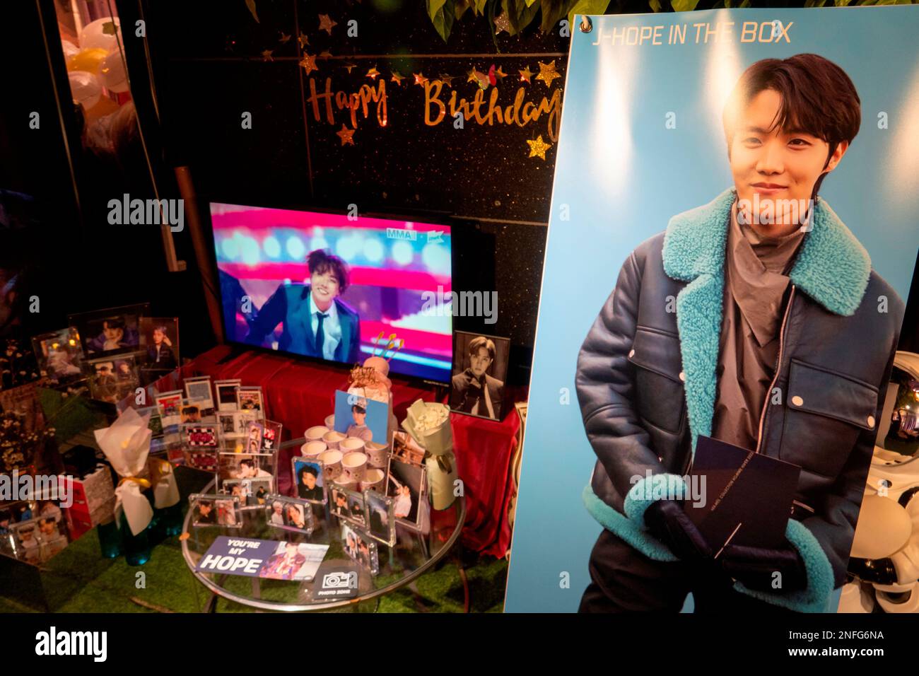 Seoul, South Korea. Feb 17, 2023. A cafe decorated to celebrate BTS ...