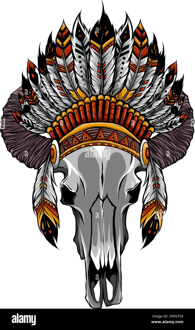 vector bull wearing indian hat, for editable tattoo Stock Vector Image ...