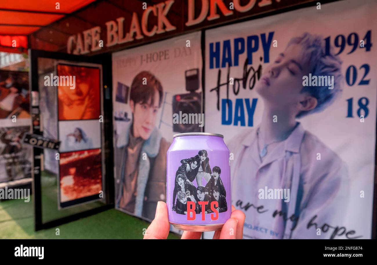 Seoul, South Korea. Feb 17, 2023. BTS canned coffee served at a cafe ...