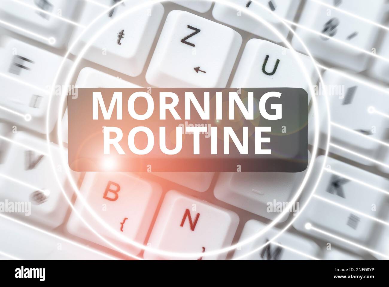 Text caption presenting Morning Routine, Conceptual photo initiation of ...