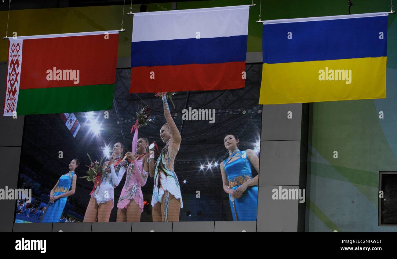Russian gymnast and gold medalist Evgeniya Kanaeva, center, silver ...