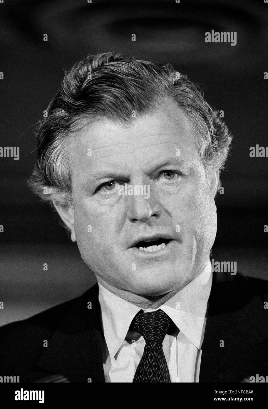 Sen. Edward Kennedy at press conference at New York's Hilton Hotel ...