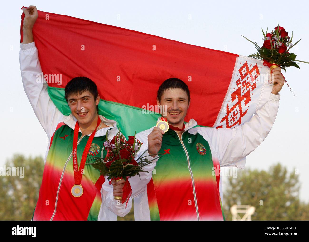 Belarus' Andrei, right, and Aliaksandr Bahdanovich holds their national ...