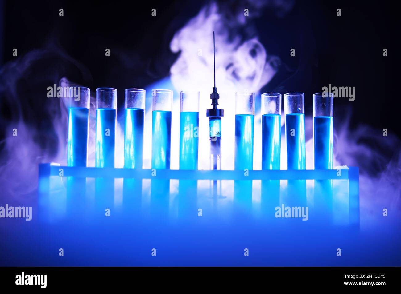 Test tube of glass overflows new liquid solution potassium blue ...