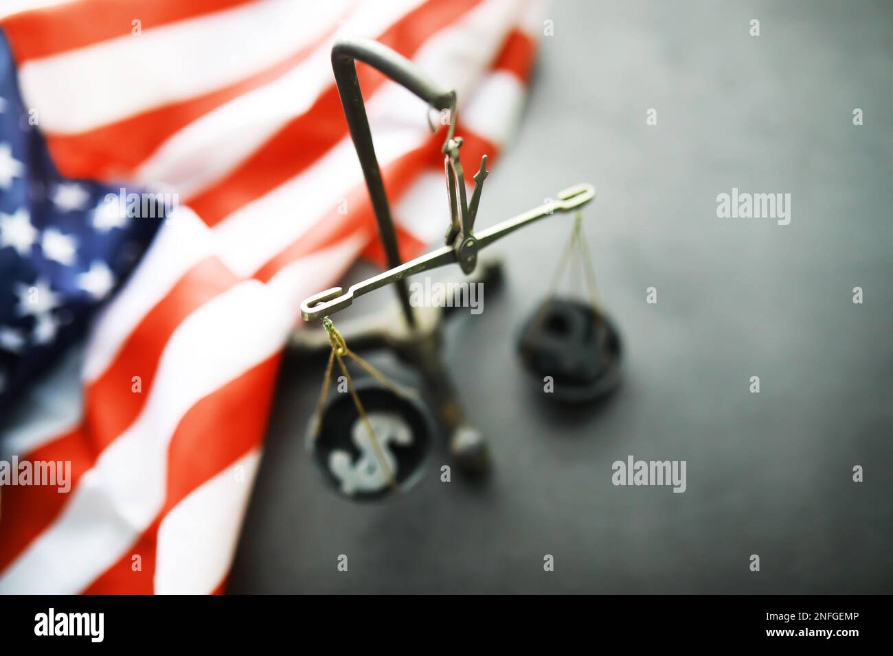 United States Law, scales of justice and American flag. Concept. Money ...