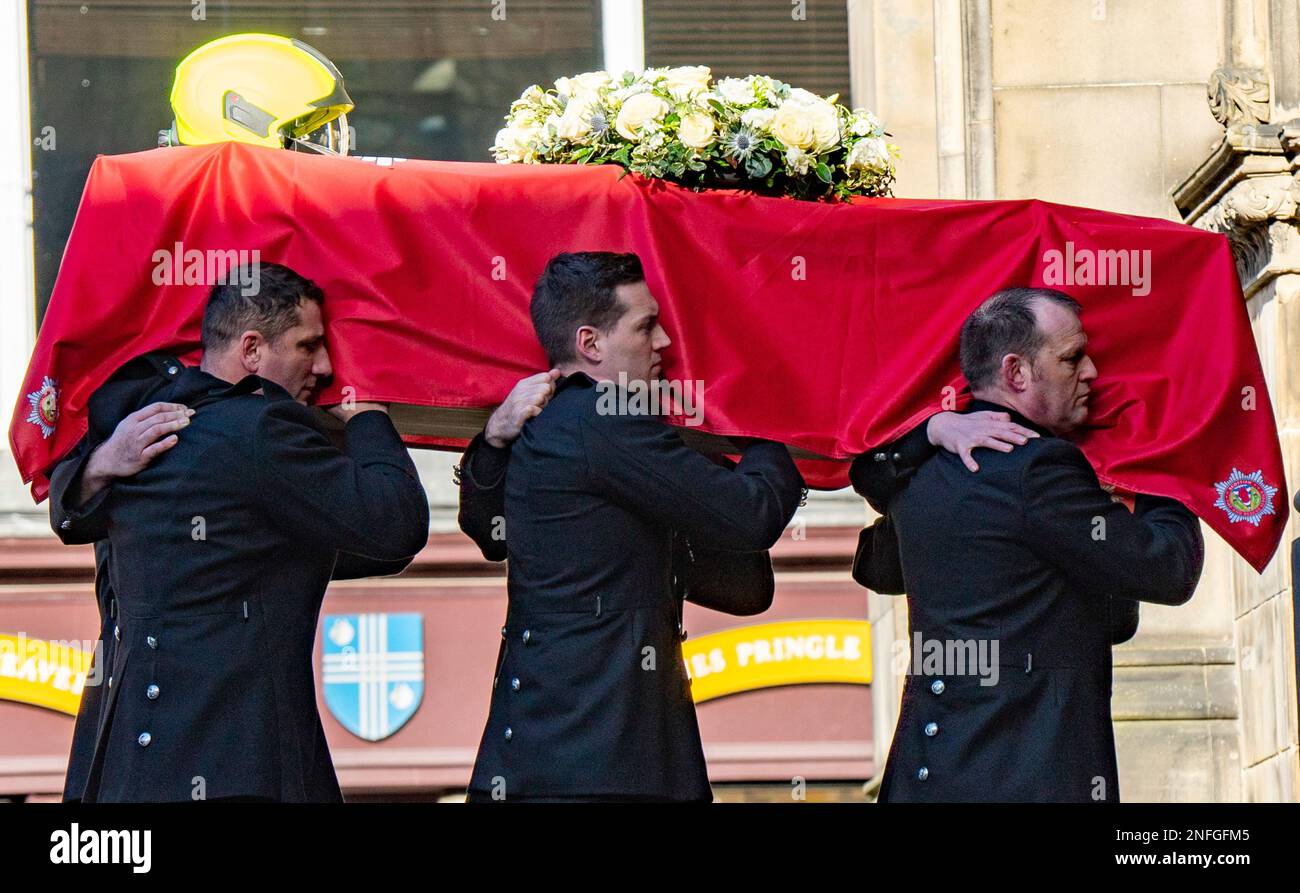 Edinburgh, Scotland, UK. 17 February 2023. Funeral of firefighter Barry ...