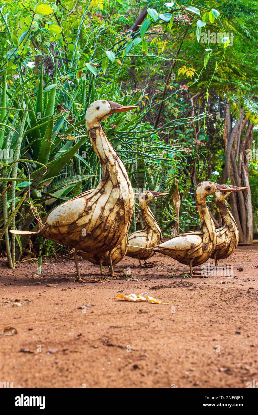 A vertical shot of rusty metal duck sculptures on the ground Stock ...