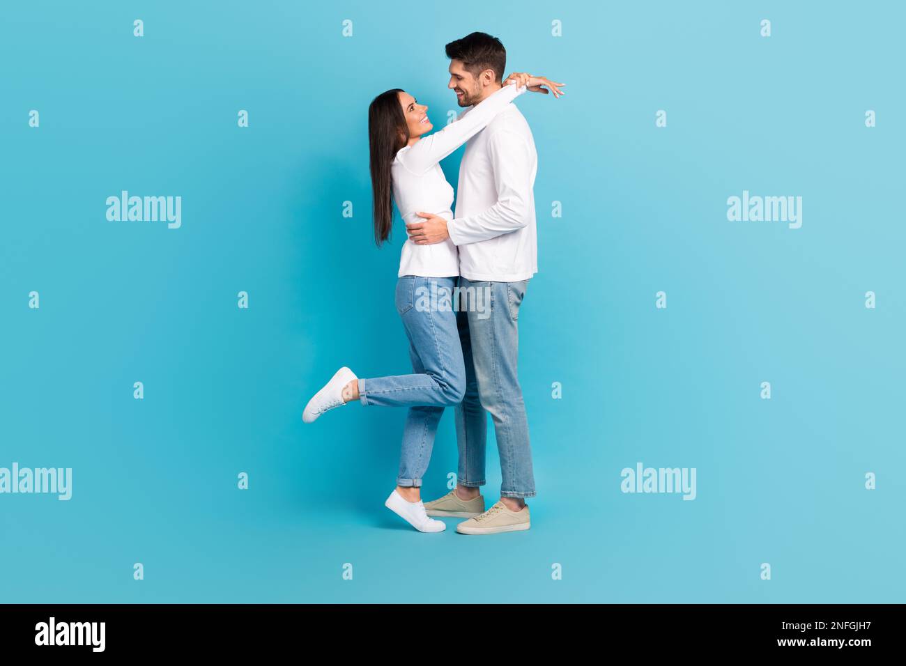 Full size profile portrait of two lovely peaceful partners hug look ...